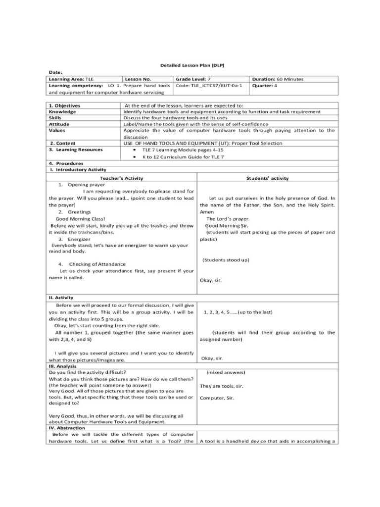 Detailed Lesson Plan Hand Tools | PDF