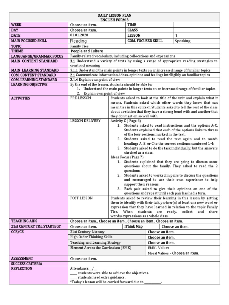 Unit 1 Family Ties | PDF | Lesson Plan | Educational Assessment