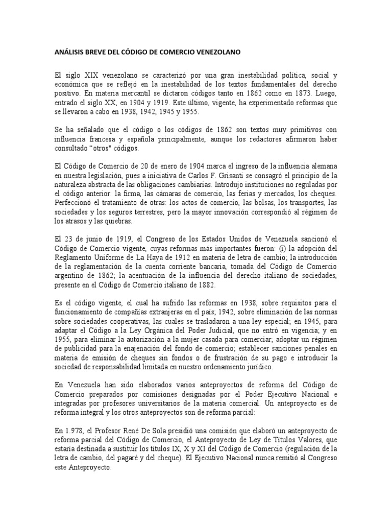 Análisis de la evolución y estructura del Código de Comercio venezolano | PDF | Sociedad de ...