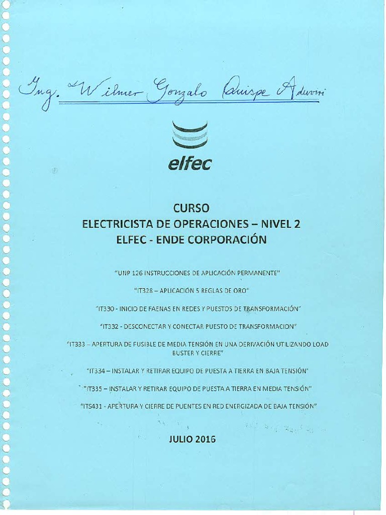 Curso Electricista de Operaciones Nivel 2 ELFEC | PDF