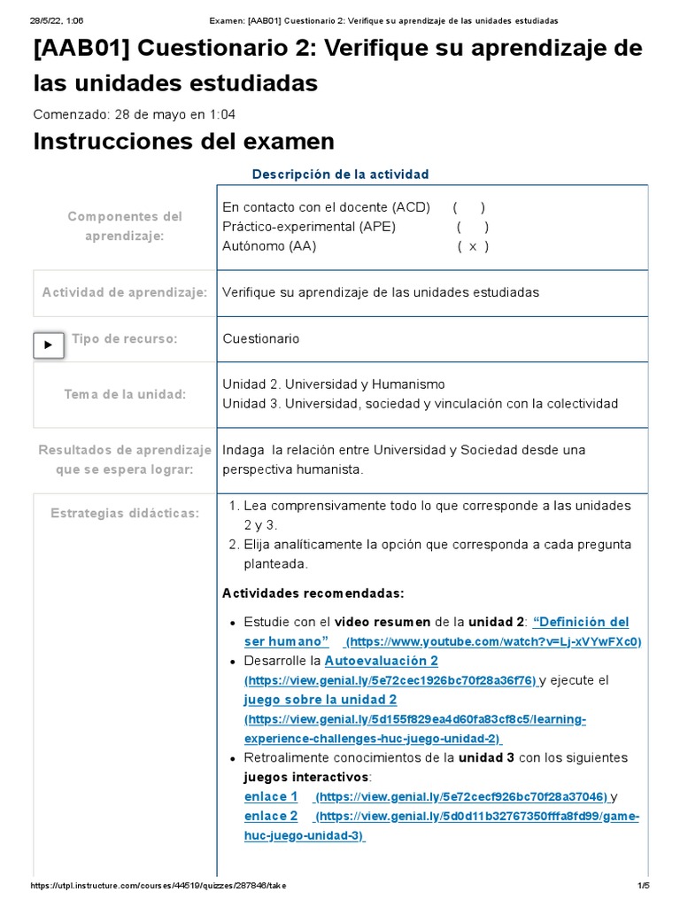 Examen - (AAB01) Cuestionario 2 - Verifique Su Aprendizaje de Las Unidades Estudiadas | PDF ...