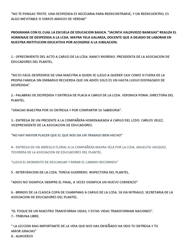 Programa de Despedida A Maestros | PDF