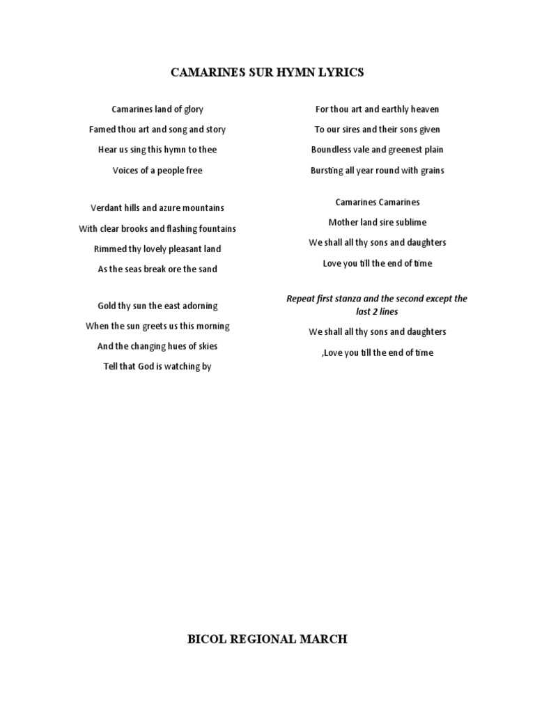 Camarines Sur Hymn Lyrics | PDF