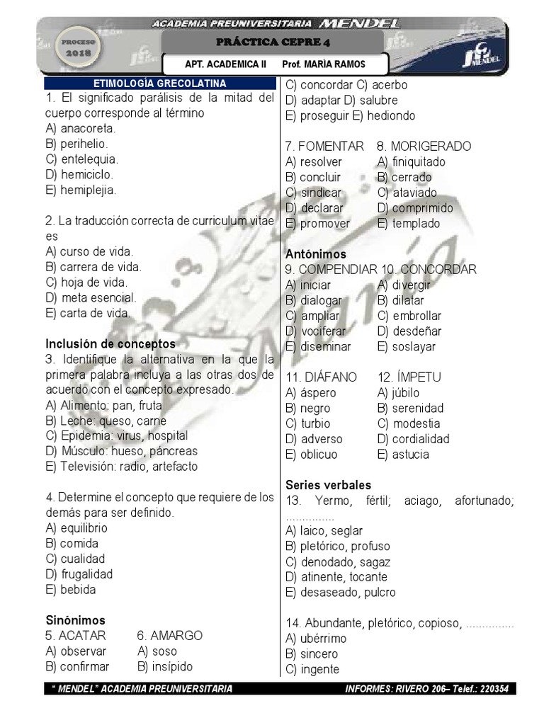 ANUAL - CEPRE 4 - Práctica General - Incluion - Sinonimos | PDF