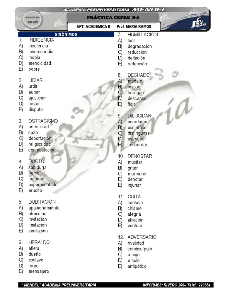 Anual - Cepre 2 - Sinonimos - Seminario | PDF | Palabra | Verbo