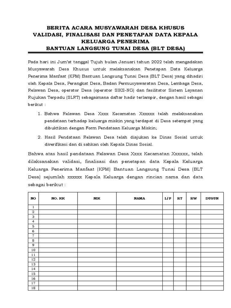 Berita Acara Penetapan BLT 2022 | PDF