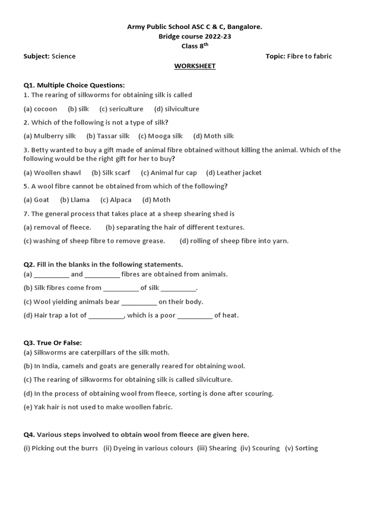 Worksheet - Fibre To Fabric Class 8th | PDF | Wool | Silk