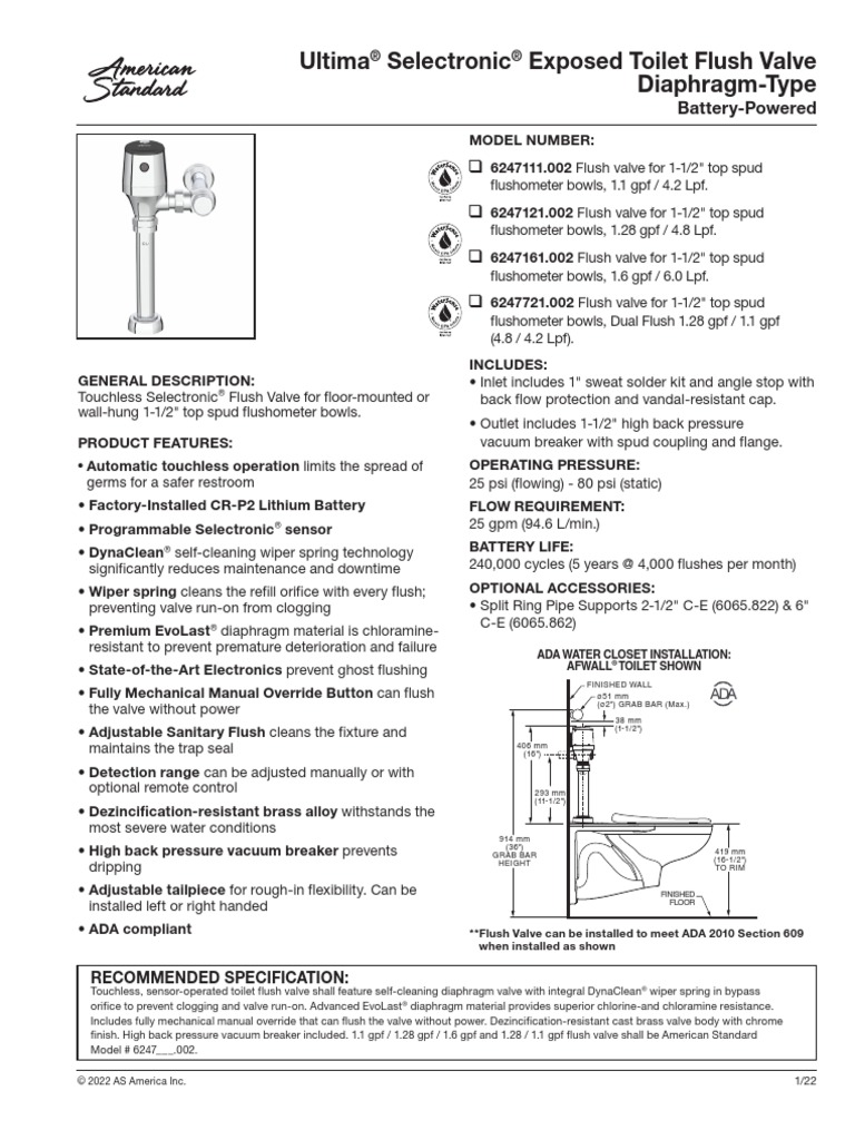 Ultima Selectronic Exposed Toilet Flush Valve Diaphragm-Type | PDF ...