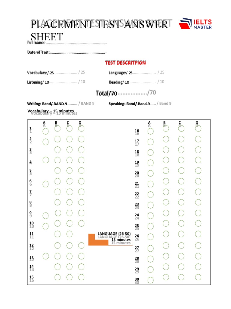 2-Placement Test Answer Sheet 2020 (10 Bản) | PDF | International ...