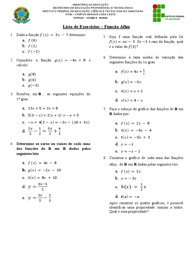 Lista de Exercicios Funcao Afim | PDF | Função (Matemática) | Objetos ... Lista de Exercicios Funcao Afim | PDF | Função (Matemática) | Objetos ...