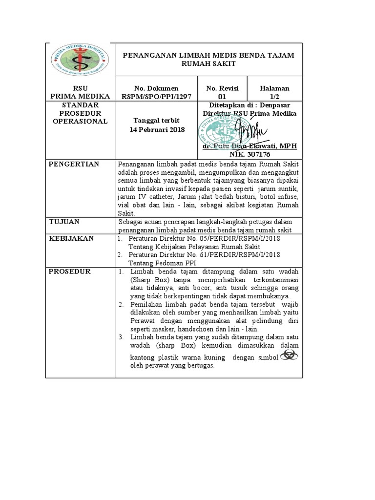 Spo Penanganan Limbah Medis Benda Tajam Rs | PDF