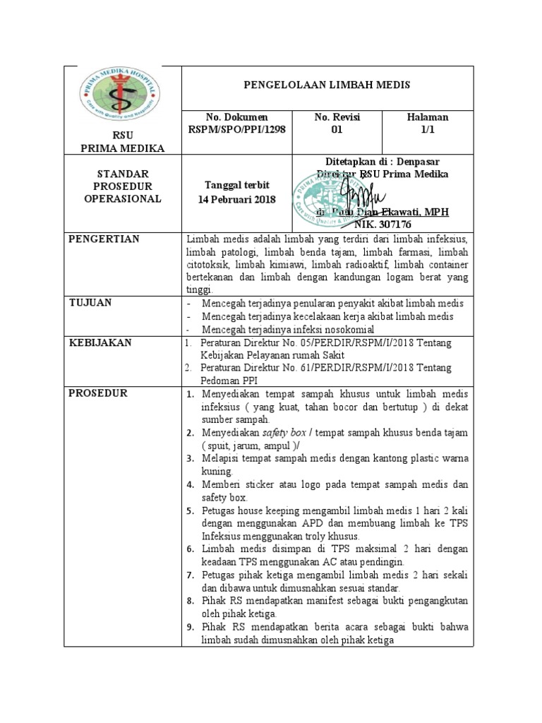 Spo Pengelolaan Limbah Medis | PDF