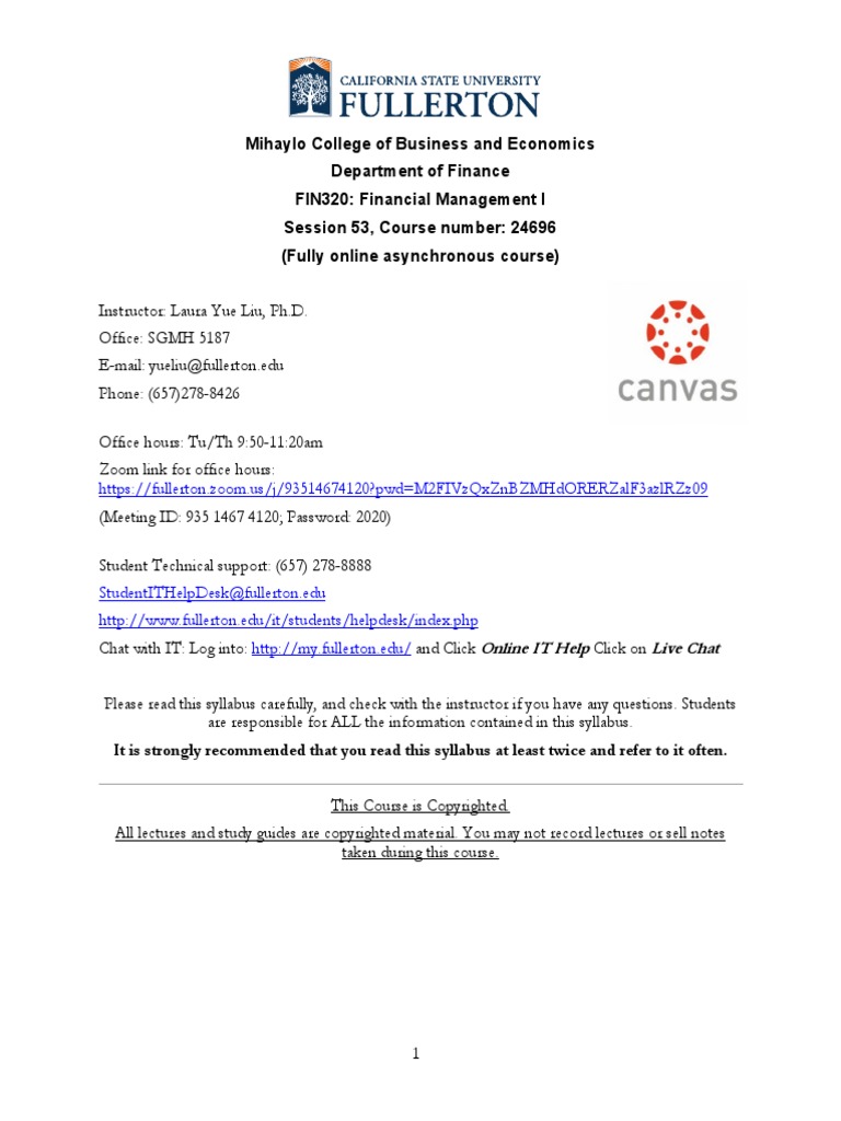 Fin 320 Syllabus | PDF | Test (Assessment) | Academic Dishonesty