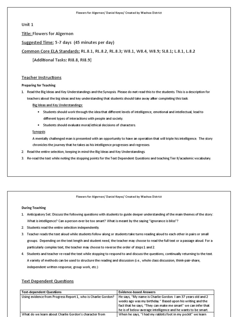 Flowers For Algernon. Lesson - Anthology | PDF | Intelligence ...