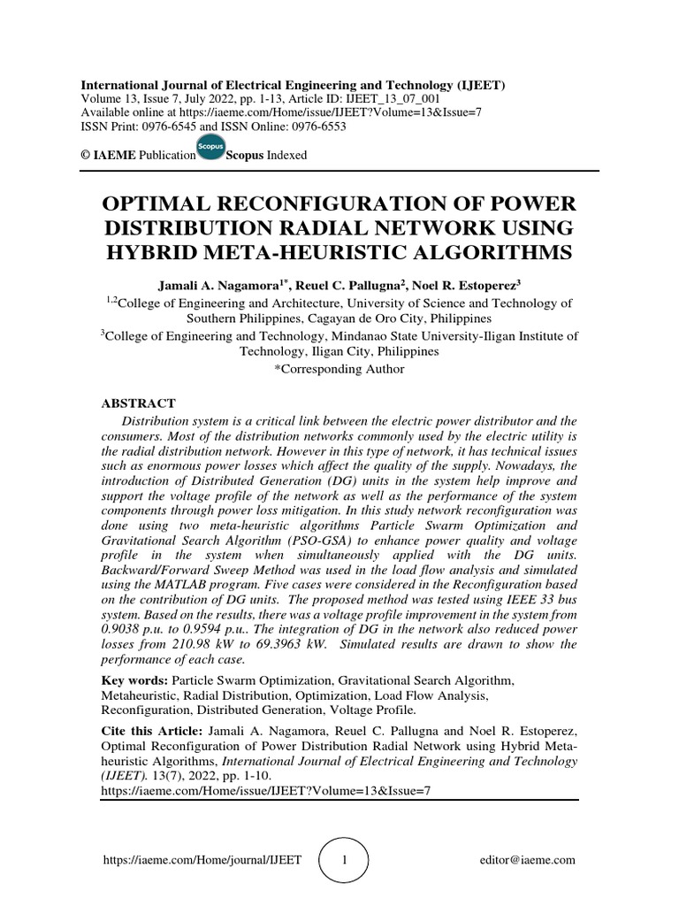 Optimal Reconfiguration of Power Distribution Radial Network Using Hybrid Meta-Heuristic ...