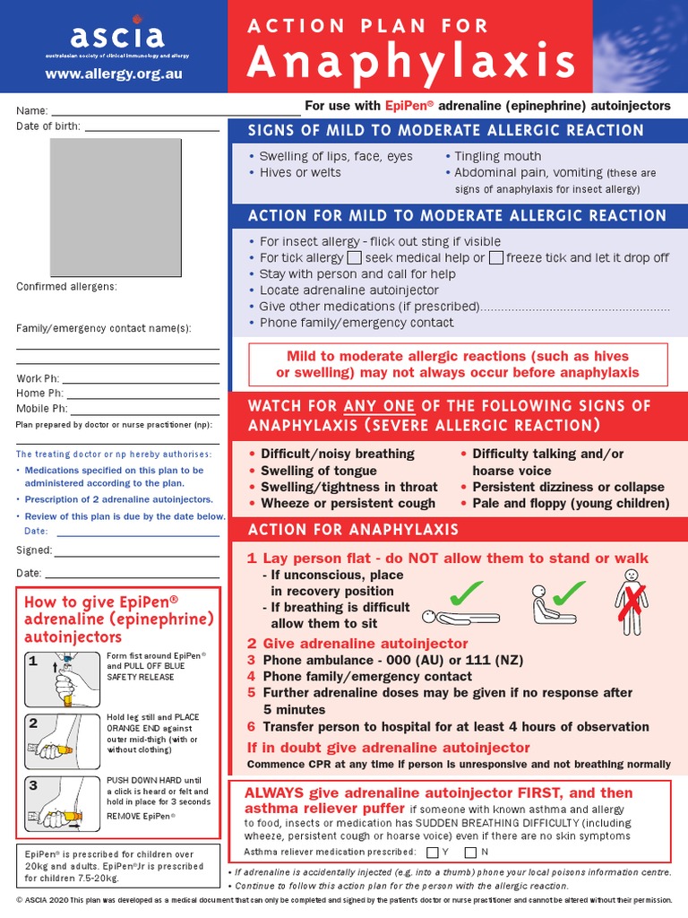 ASCIA Action Plan Anaphylaxis EpiPen Red | PDF | Epinephrine ...