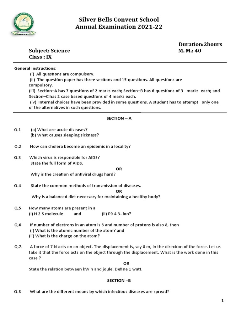 Silver Bells Convent School Annual Examination 2021-22: Duration:2hours ...