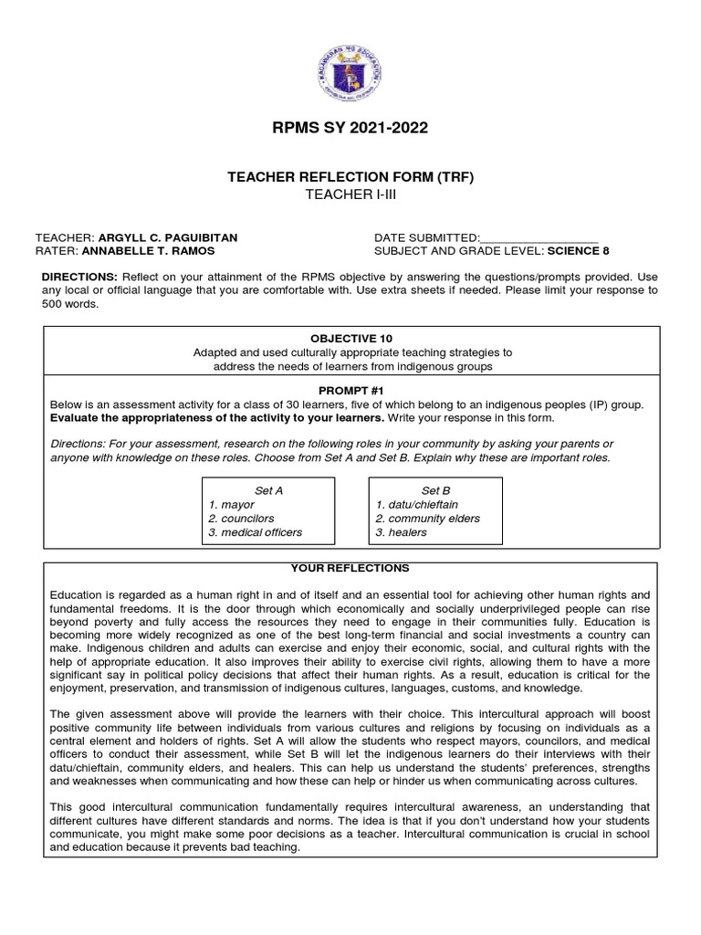 RPMS SY 2021-2022: Teacher Reflection Form (TRF) | PDF | Constructivism ...