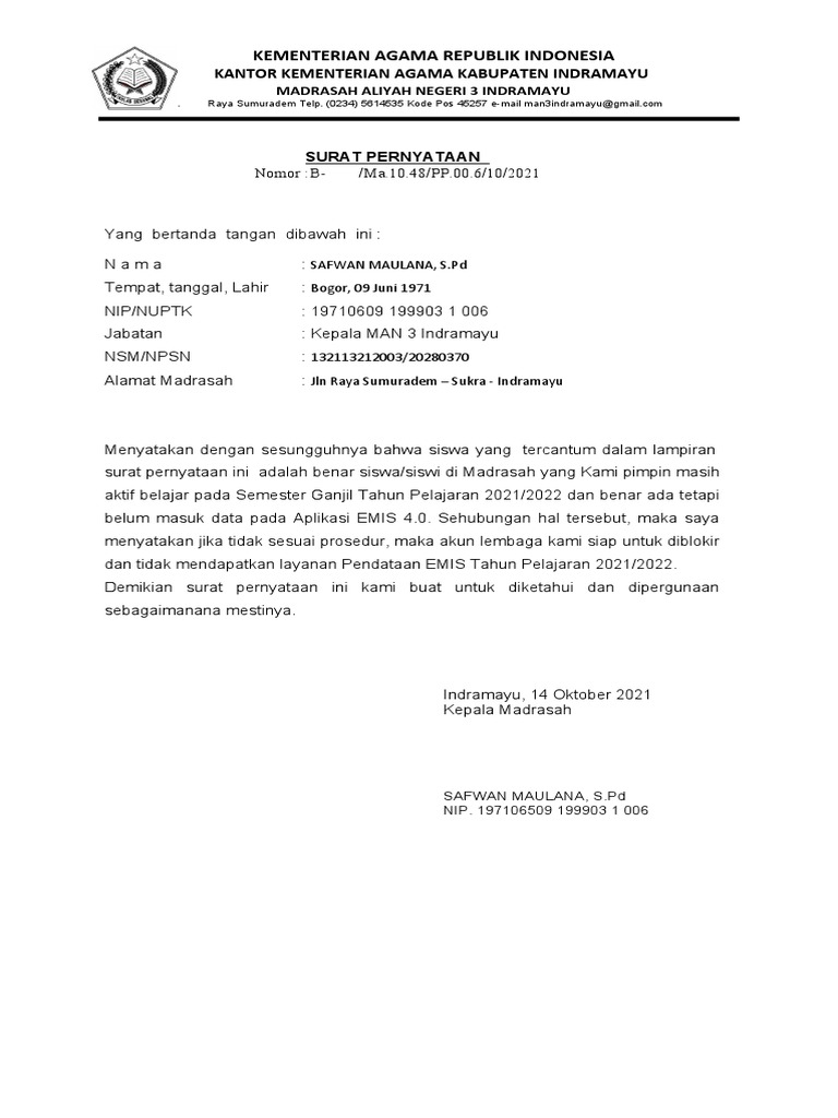 Surat Pernyataan Input Siswa | PDF