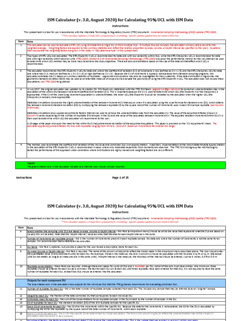 ISM Calculator (V. 3.0, August 2020) For Calculating 95% UCL With ISM ...