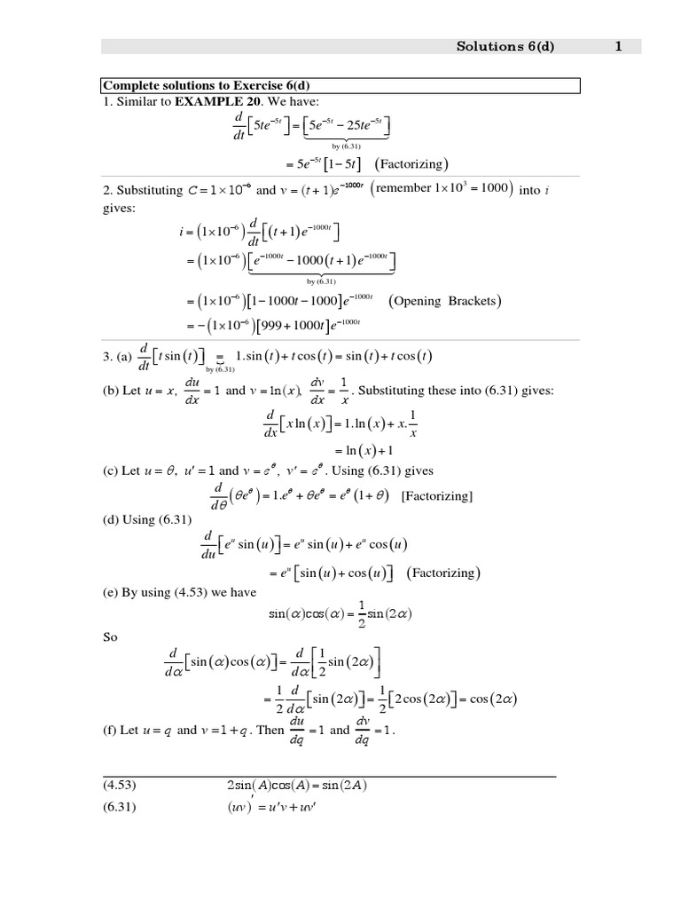 Solutions to Exercises on the Derivatives of Composite Functions | PDF ...