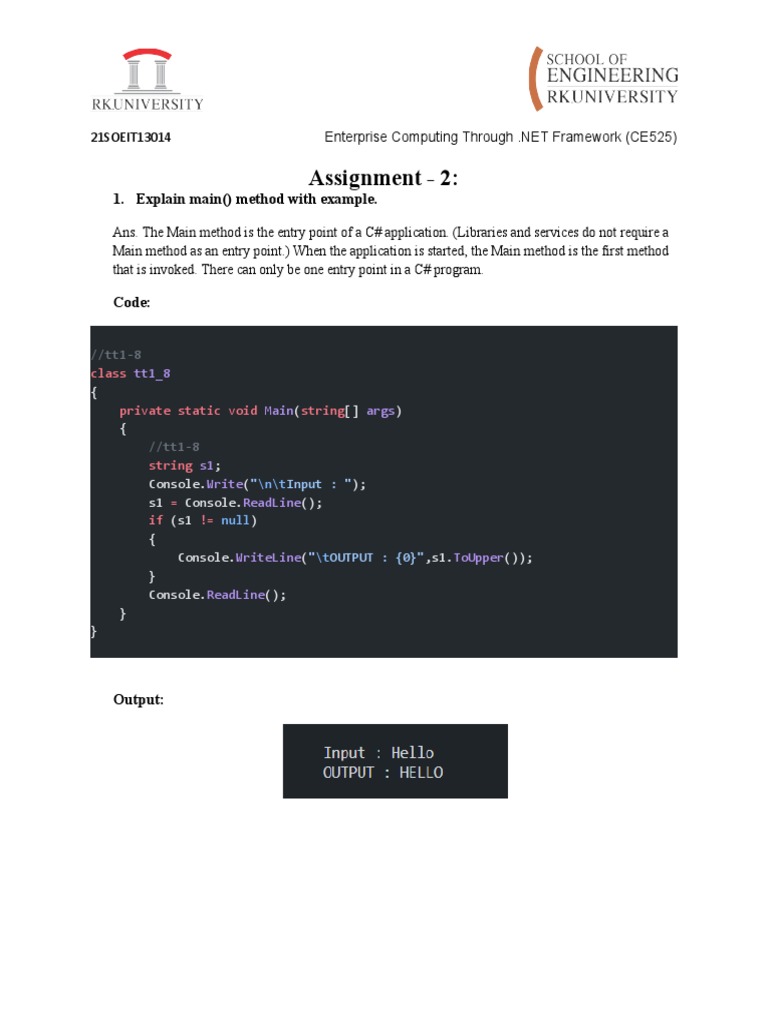 Assignment - 2:: 1. Explain Main Method With Example | PDF | Inheritance (Object Oriented ...