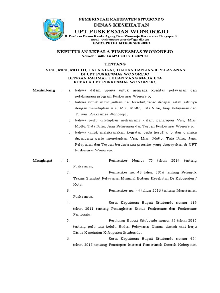 Ep 1 SK Kepala Puskesmas Tentang Visi, Misi, Tujuan, Dan Tata Nilai Puskesmas | PDF