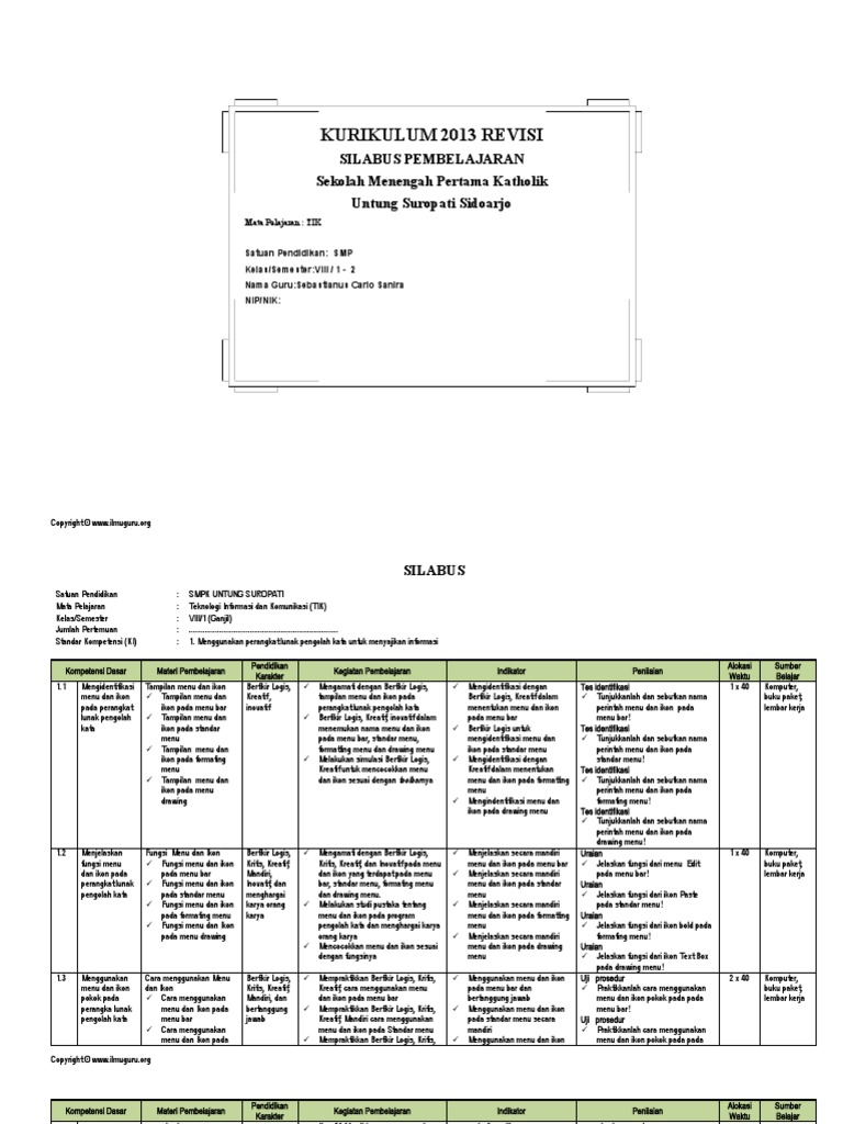 Silabus Tik 8 Kolom Kelas Viii | PDF