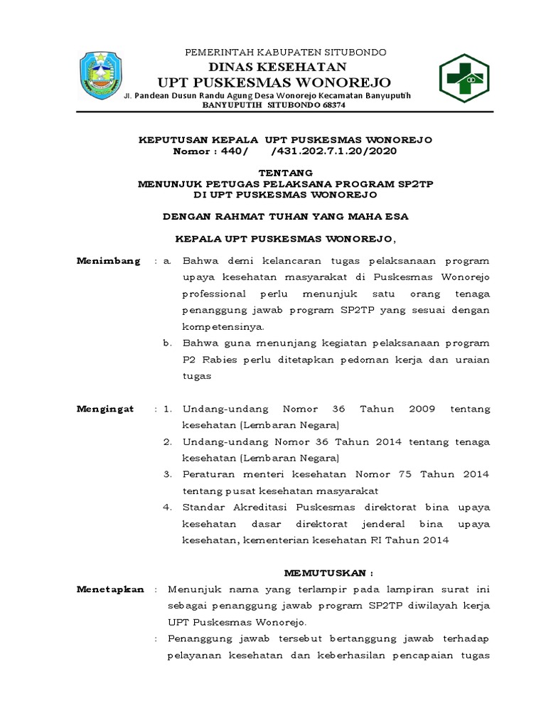 Ep 2 SK Kepala Puskesmas Tentang Penetapan Penanggung Jawab Ukp Dan Ukm PKP Permenkes PKM ...