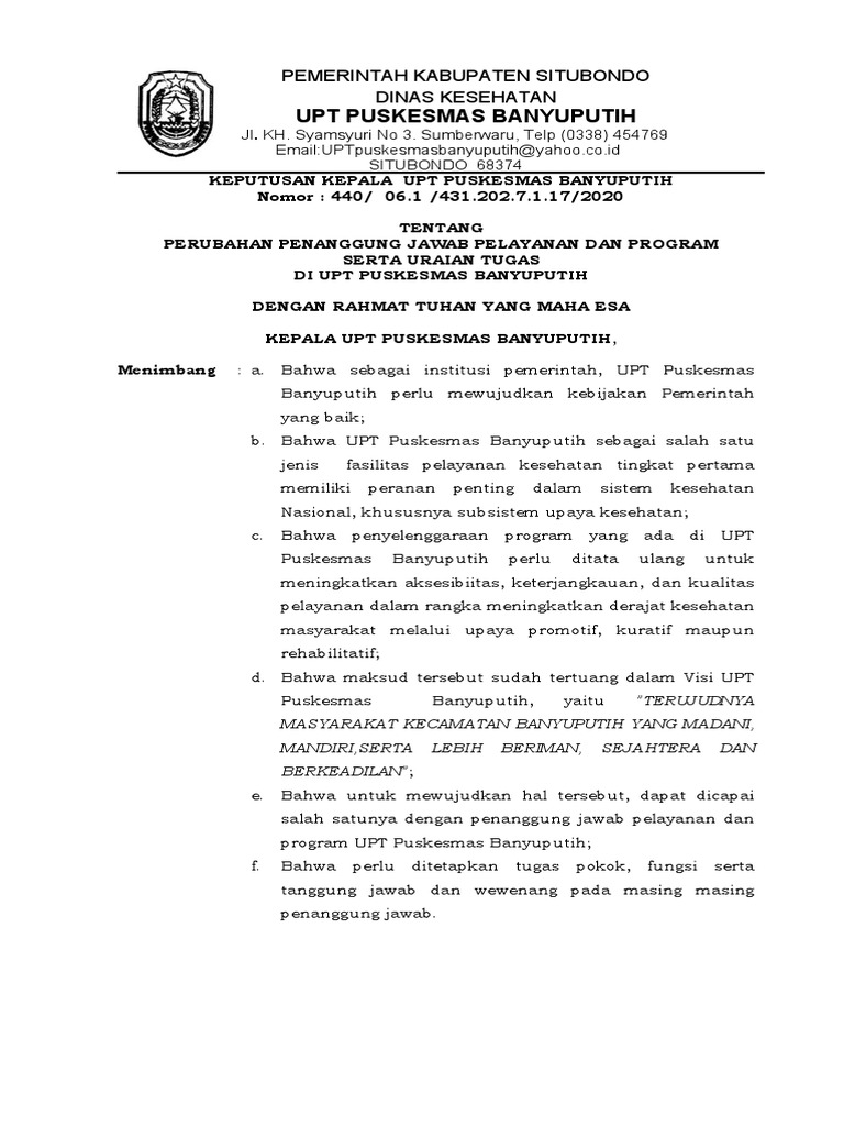 Ep 2 SK Kepala Puskesmas Tentang Penetapan Penanggung Jawab Ukp Dan Ukm PKP Permenkes | PDF