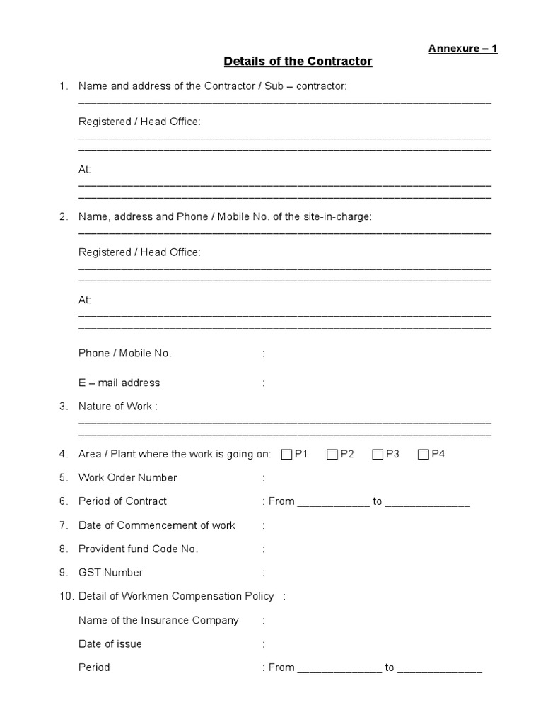 Contractor Details Form | PDF | Employment | Hospital