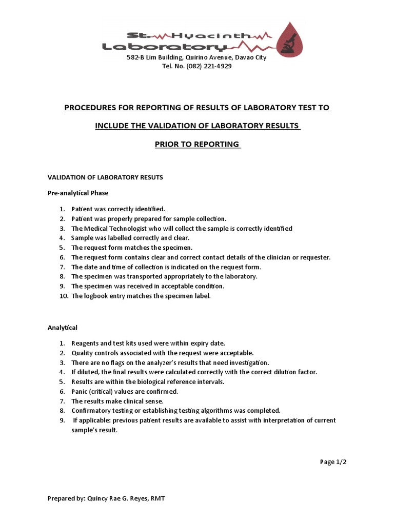 PROCEDURES FOR REPORTING OF RESULT | PDF | Science | Health Care