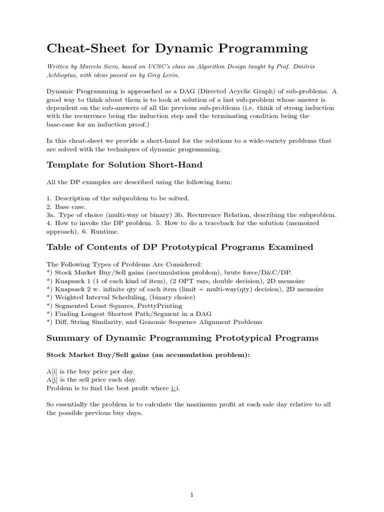 Cheat-Sheet For Dynamic Programming: Template For Solution Short-Hand ...