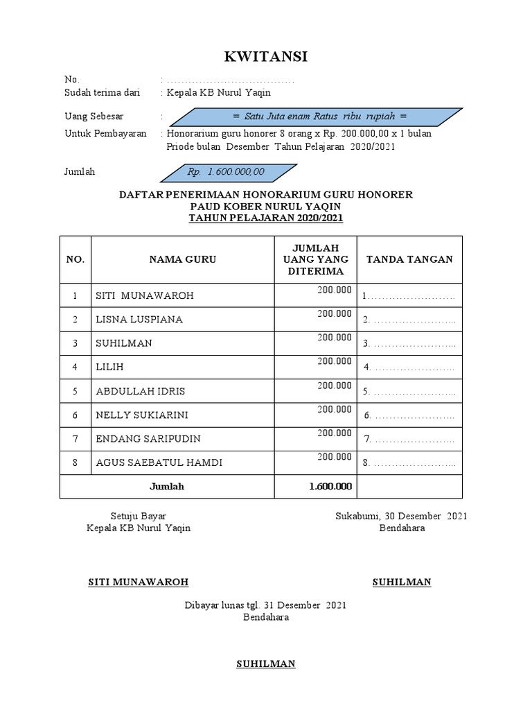Kwitansi Honorarium Guru Honorer | PDF