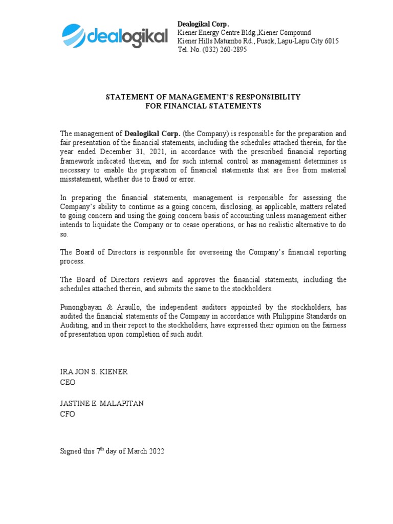 Statement of Management - S Responsibility - SEC | PDF
