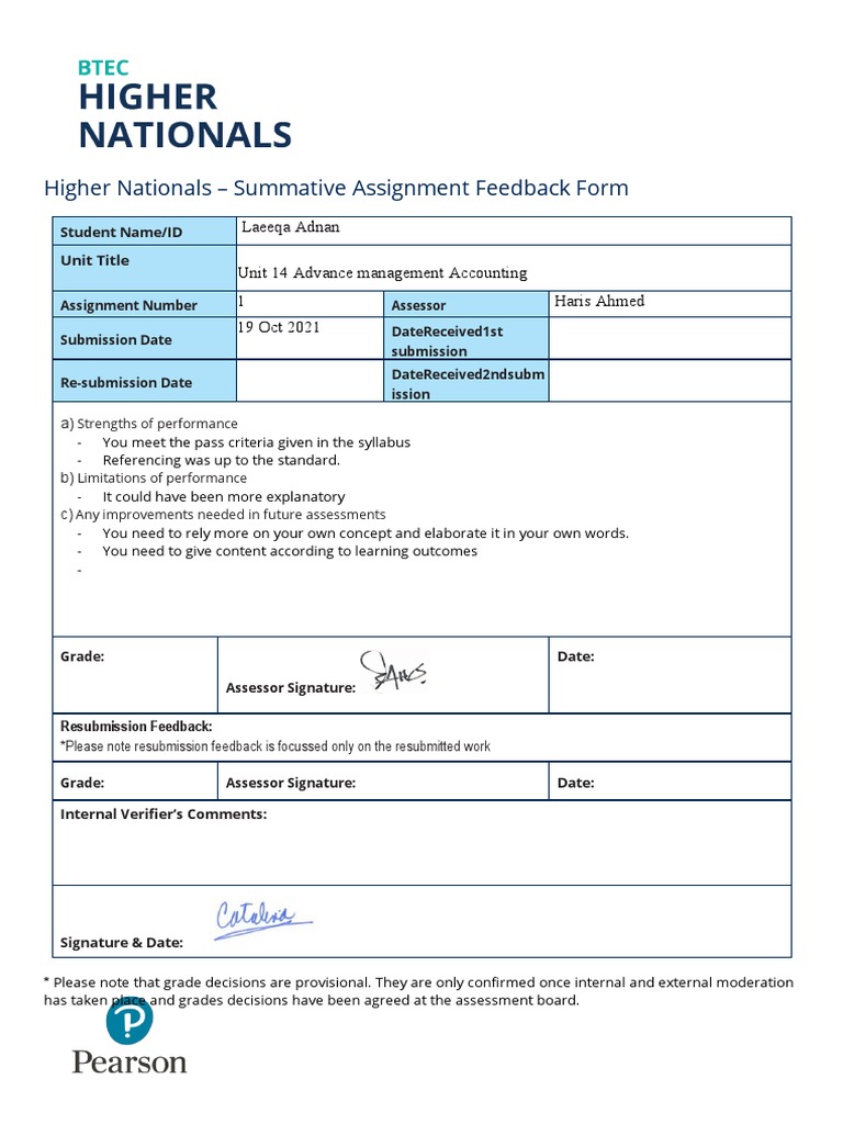 Higher Nationals - Summative Assignment Feedback Form | PDF | Business