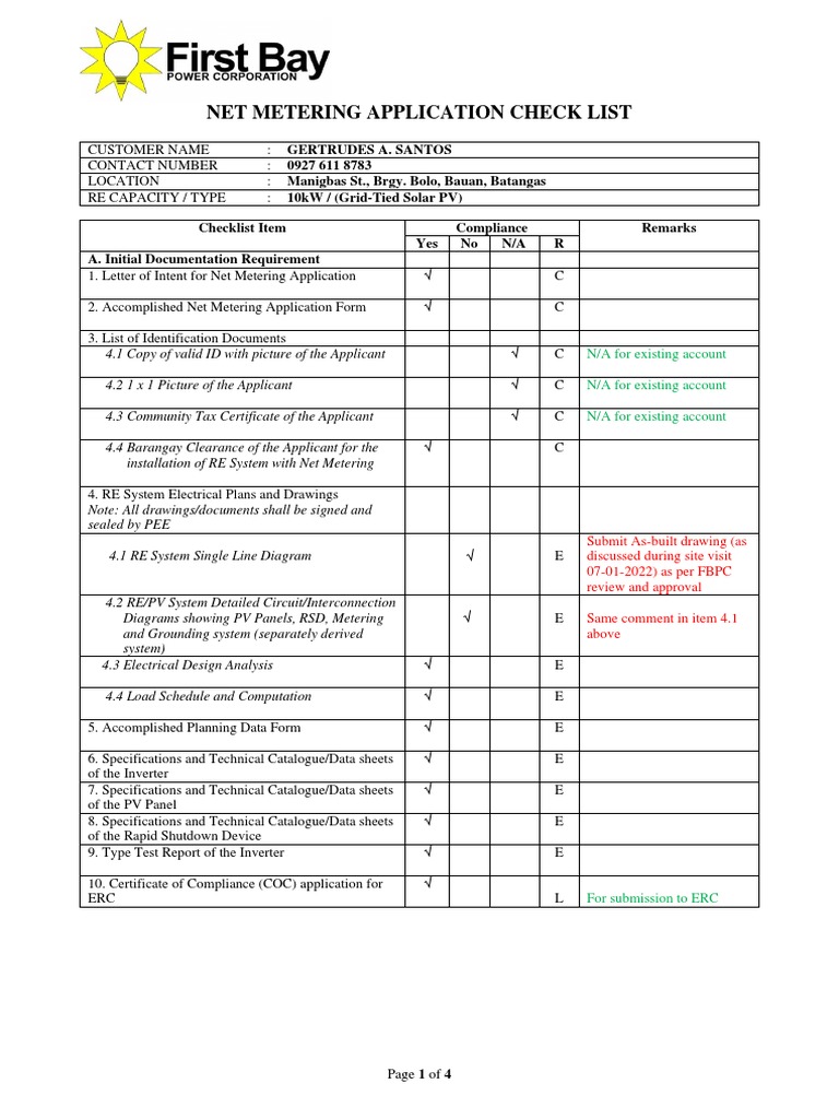 Net Metering Installation Checklist - Gertrudes Santos - 07-01-2022 ...