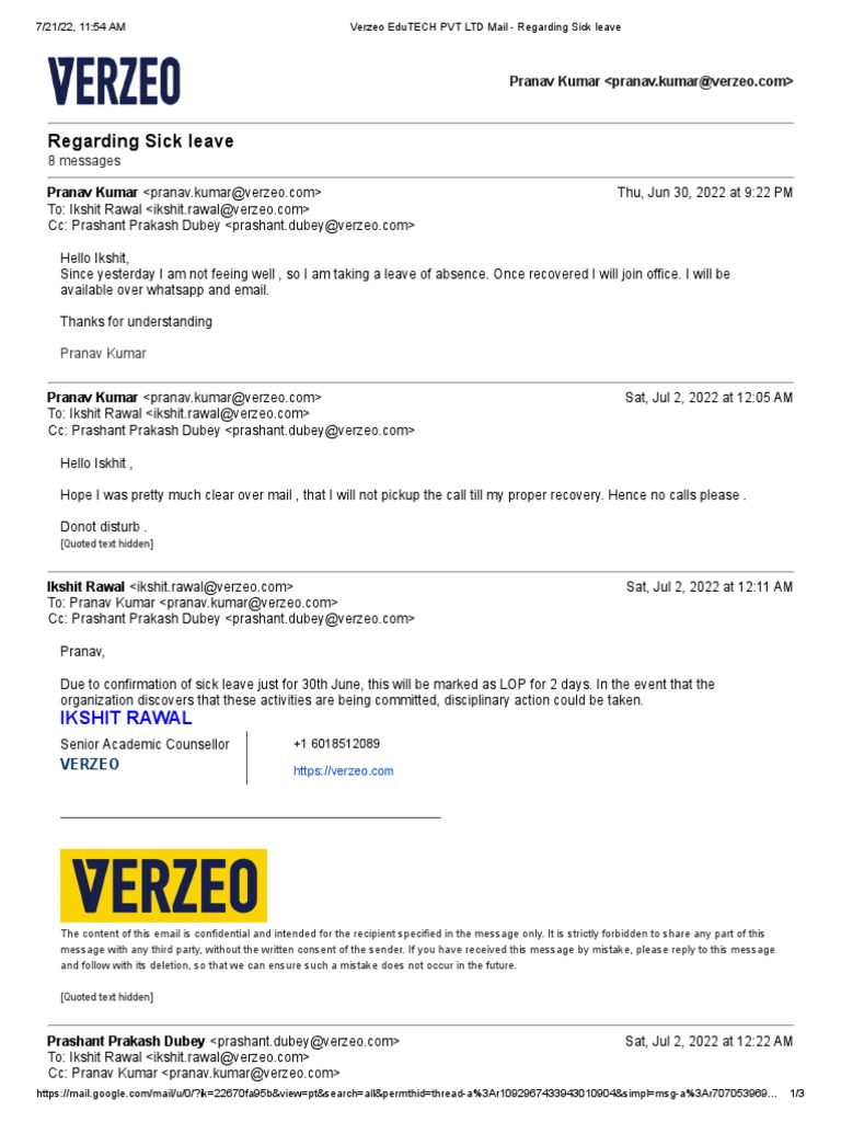 Verzeo EduTECH PVT LTD Mail - Regarding Sick Leave | PDF ...