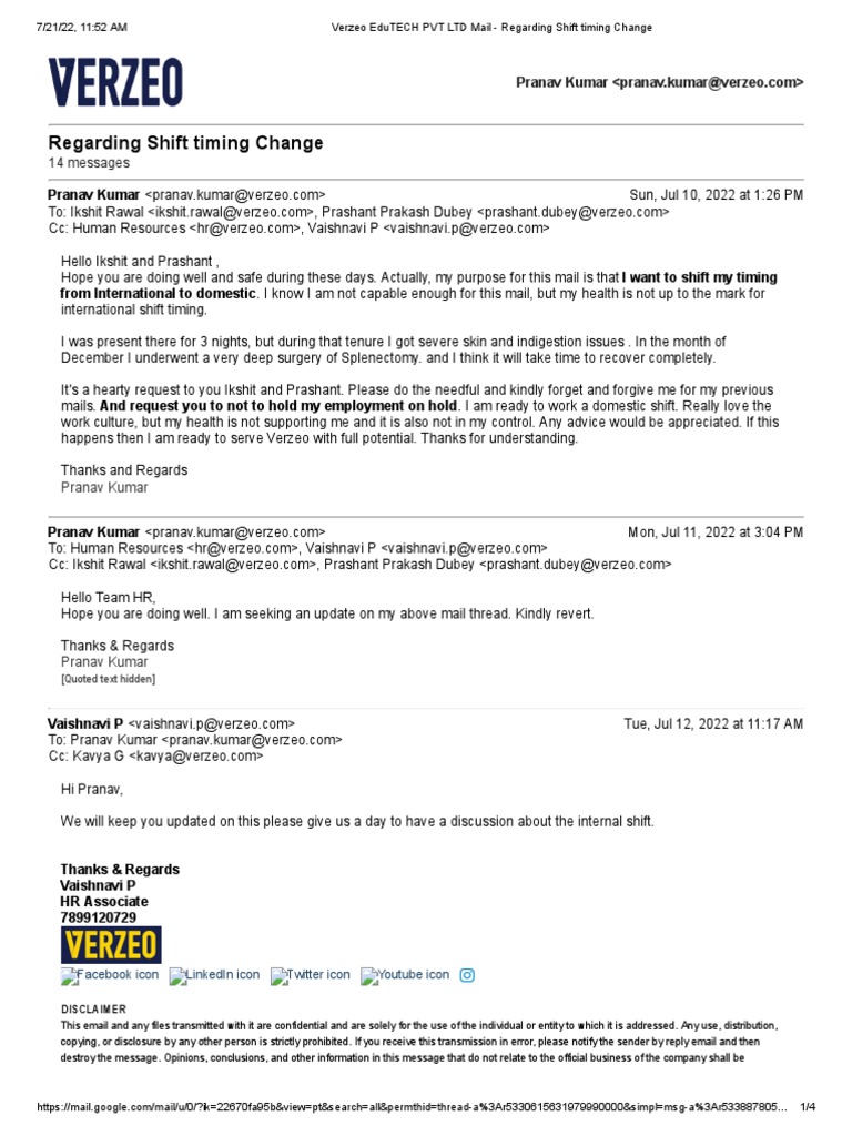 Verzeo EduTECH PVT LTD Mail - Regarding Shift Timing Change | PDF ...