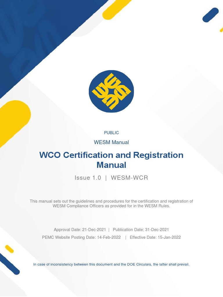 WCO Certification and Registration Manual: Issue 1.0 - WESM-WCR | PDF ...