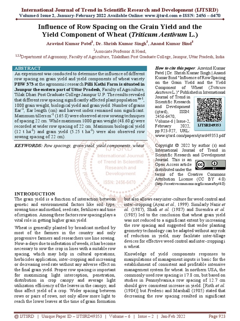 Influence of Row Spacing On The Grain Yield and The Yield Component of ...