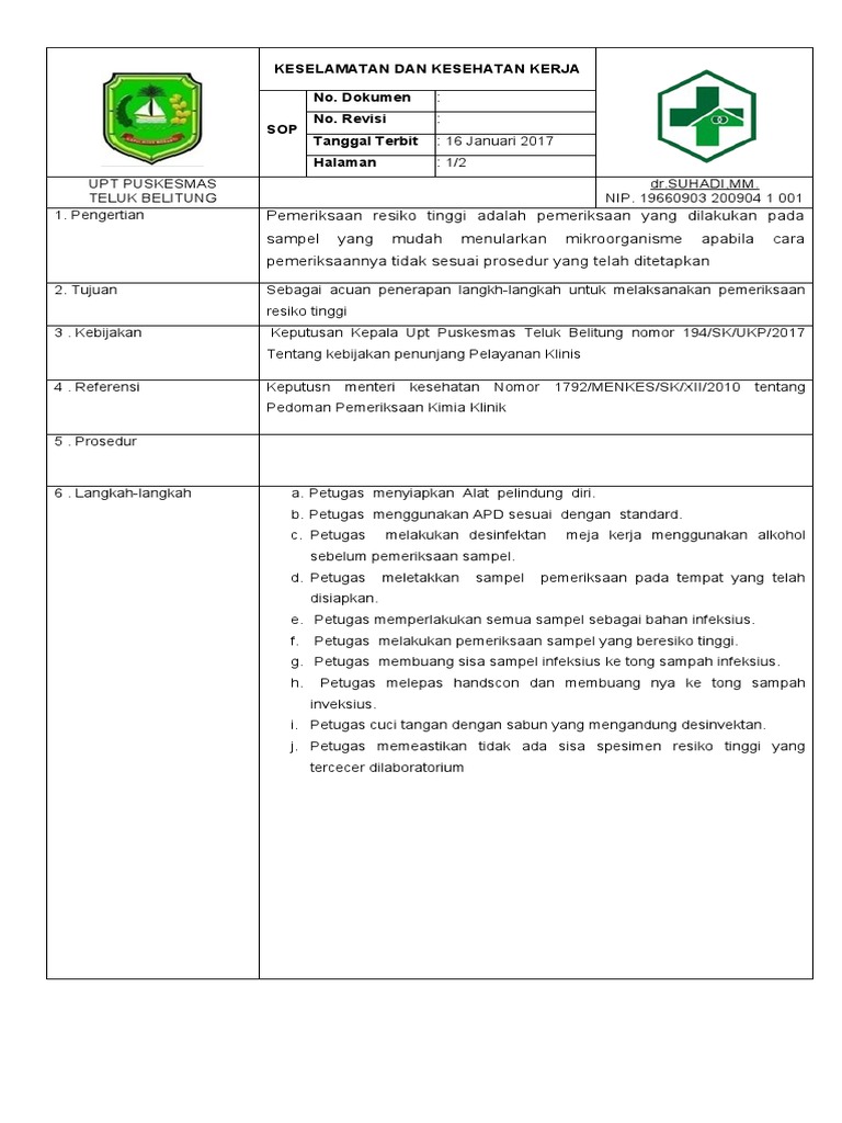 SOP Keselamatan Dan Kesehatan Kerja | PDF