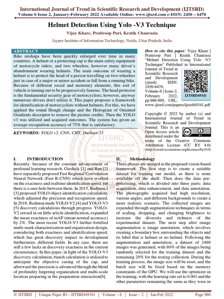 Helmet Detection Using Yolo V3 Technique Pdf Cognition Computer Science