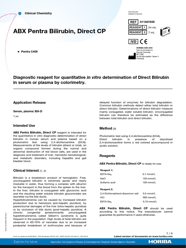 ABX Pentra Bilirubin, Direct CP | PDF | Blood Plasma | Medical Specialties