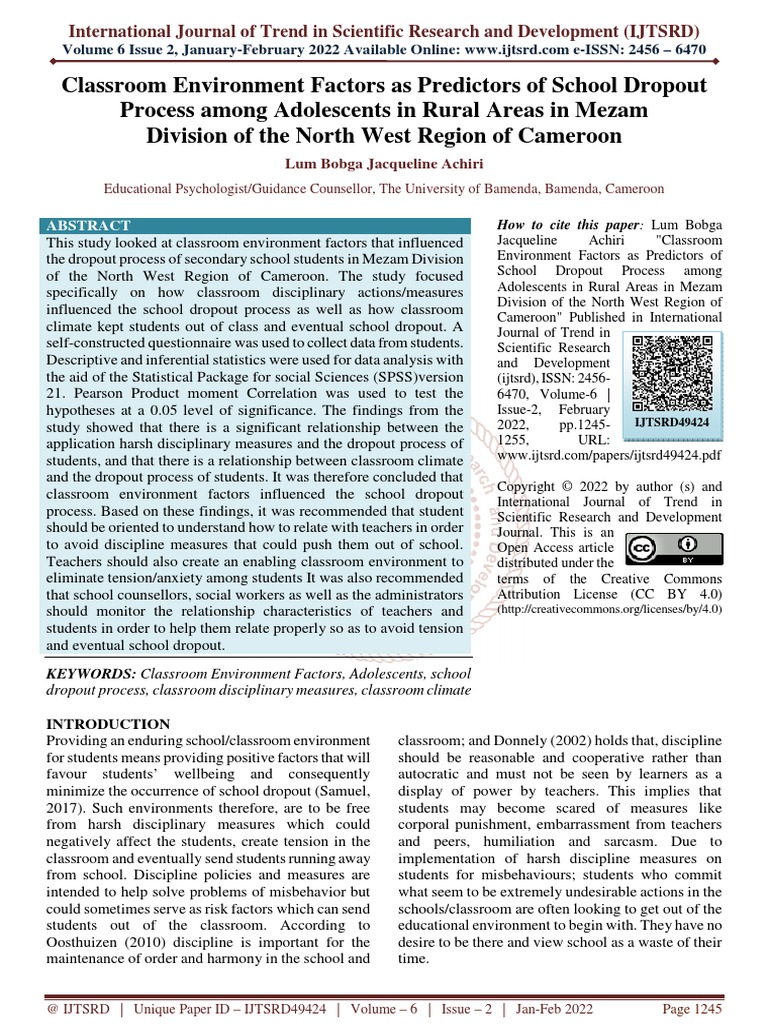 Classroom Environment Factors As Predictors of School Dropout Process ...