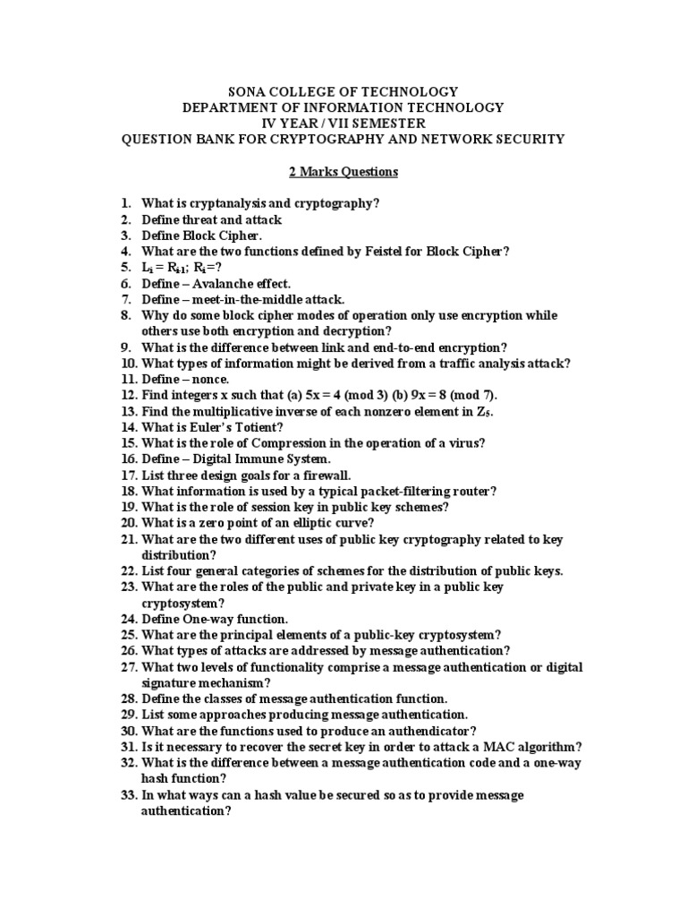 Question Bank For Cryptography and Network Security | PDF ...