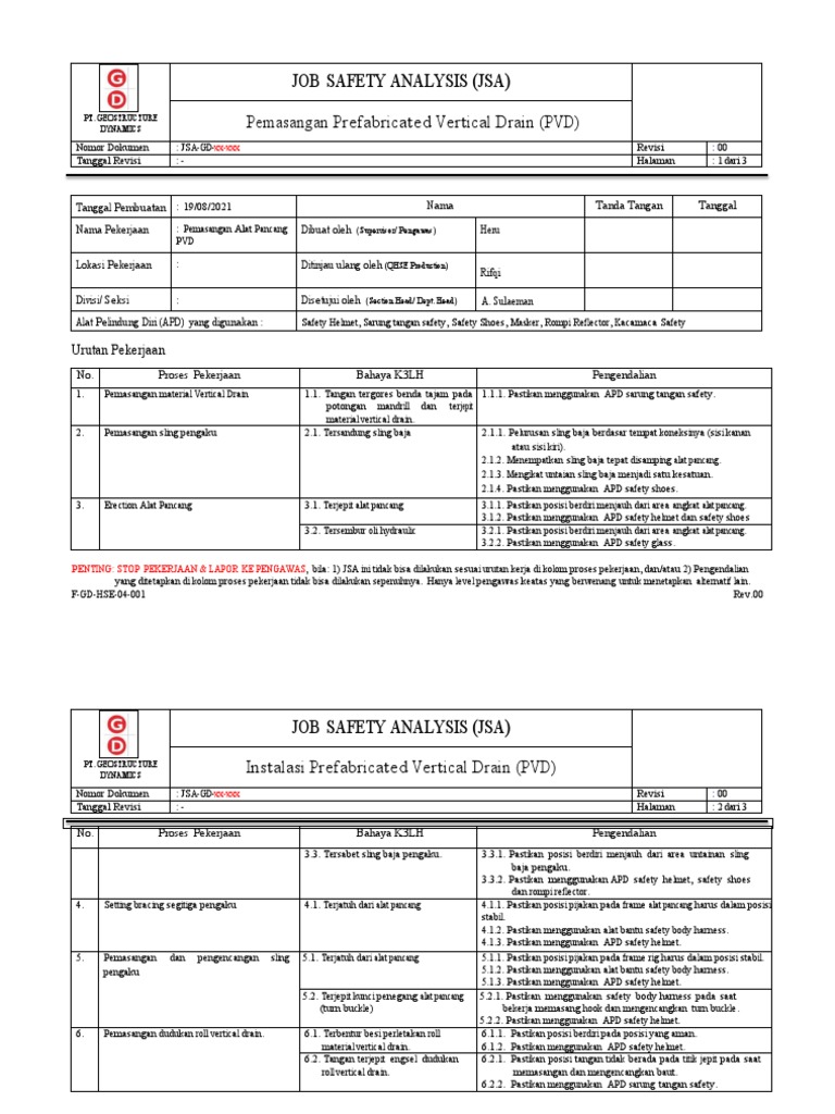 JSA Pemasangan Alat Pancang PVD | PDF