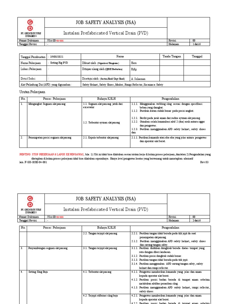 JSA Setting Alat Pancang PVD | PDF