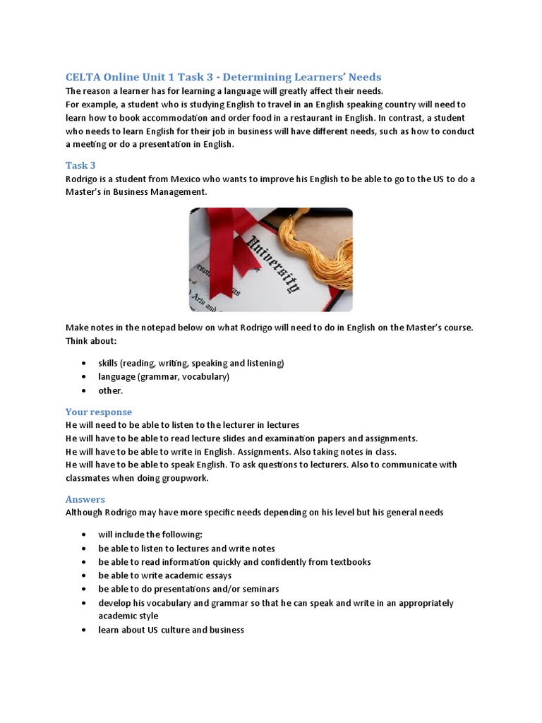 CELTA Online Unit 1 Task 3 - Determining Learners' Needs | PDF | Career ...
