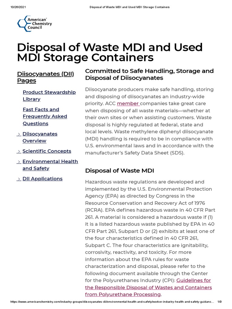 Disposal of Waste MDI and Used MDI Storage Containers | PDF | Hazardous ...